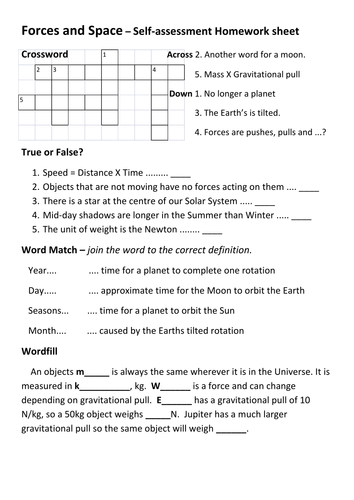 Forces & Space Self-assessed homework sheet | Teaching Resources