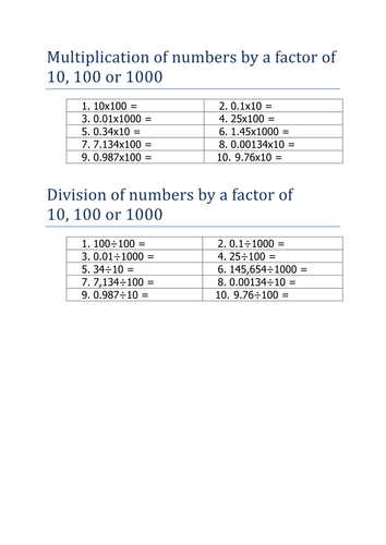 Multiplication / Division by a factor of 10 | Teaching Resources