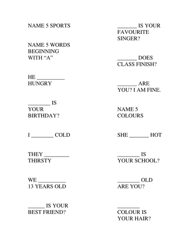 Quick starter/warm-up - questions & verbs | Teaching Resources