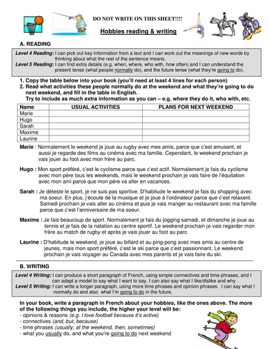 Level 4-5 reading & writing - sports/hobbies | Teaching Resources
