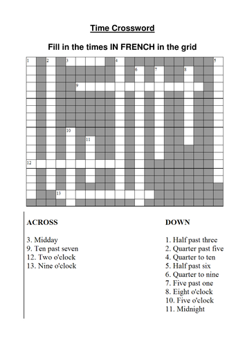 Time crossword - all times in French | Teaching Resources