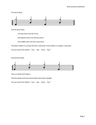Basic beginner drum skills worksheet | Teaching Resources