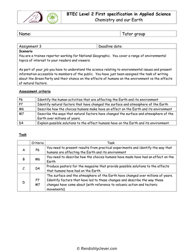 BTEC Applied Science: Changes to Earth Assignment | Teaching Resources