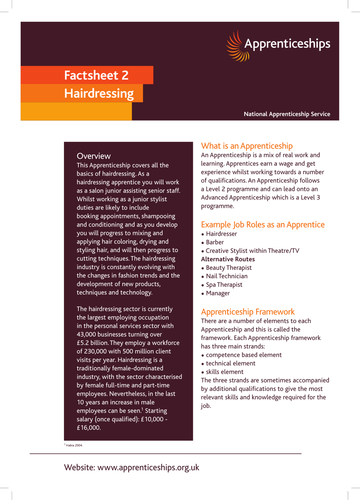 Hairdressing Apprenticeship Factsheet | Teaching Resources