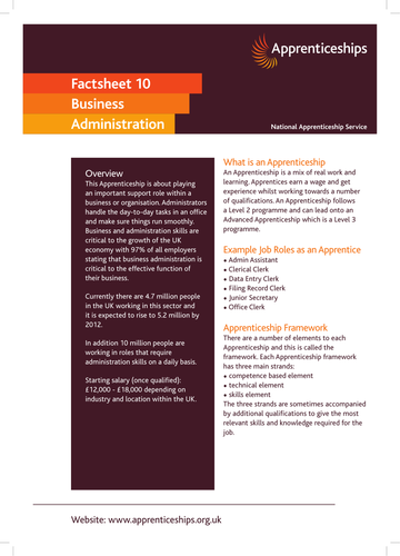 Business Administration Apprenticeship Factsheet | Teaching Resources