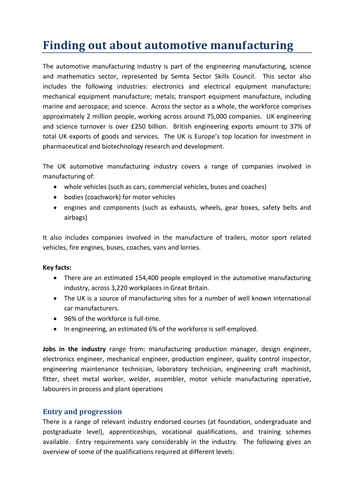 Automotive industry careers factsheet | Teaching Resources