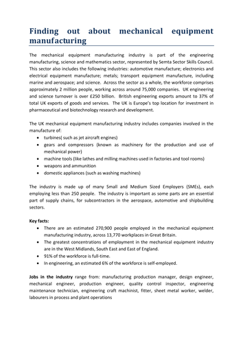 Mechanical Equipment Manufacture Factsheet | Teaching Resources