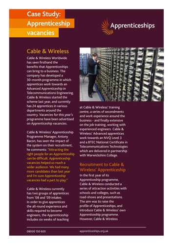 Case Study: Apprenticeship Vacancies Cable & Wirel | Teaching Resources
