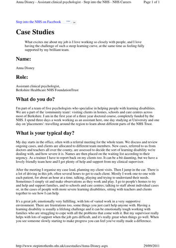 NHS Careers: Clinical Psychologist - Case Study | Teaching Resources