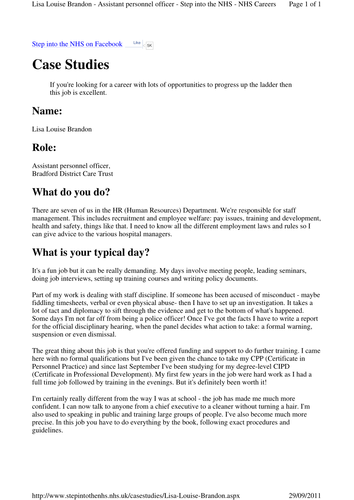 NHS Careers: Personnel officer - Case Study | Teaching Resources