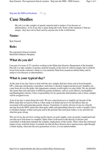 NHS Careers: Clinical Scientist - Case Study | Teaching Resources