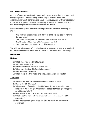 BBC Research Task | Teaching Resources