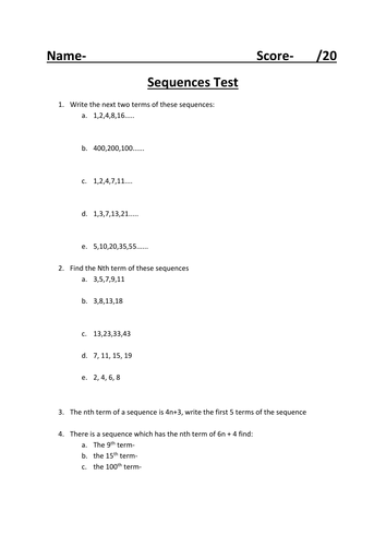 Sequences Test | Teaching Resources