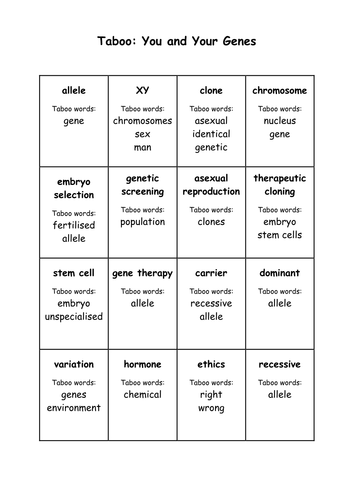 Taboo cards - You and your genes | Teaching Resources
