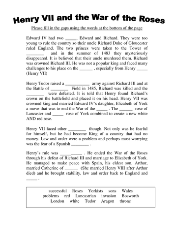 War of the roses cloze activity - Tudors | Teaching Resources