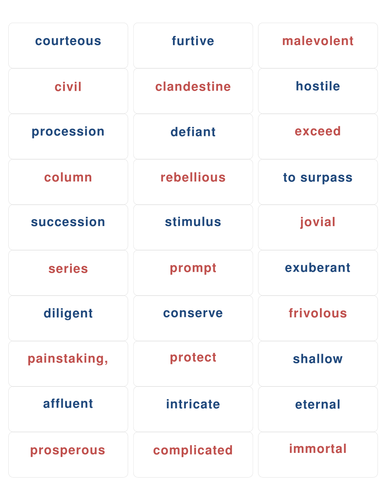 Synonyms Vocabulary card game | Teaching Resources