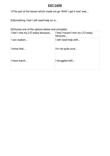 Exit card- students review their own learning | Teaching Resources