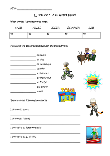 Qu'est-ce que tu aimes faire? - WORKSHEET | Teaching Resources Qu'est-ce que tu aimes faire? - WORKSHEET | Teaching Resources