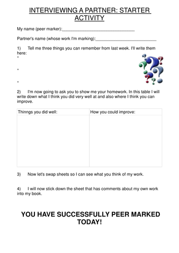Entrance card - Peer assessment - Starter | Teaching Resources