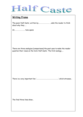 Half Caste: analysis writing frame | Teaching Resources