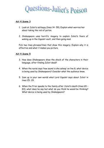 Romeo & Juliet: Tasks for Act 4 scenes 3 & 4 | Teaching Resources