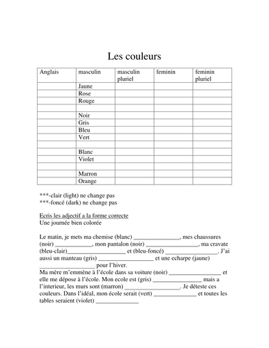 Colour adjectives table and exercise | Teaching Resources