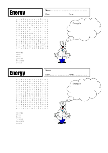 Energy wordsearch | Teaching Resources