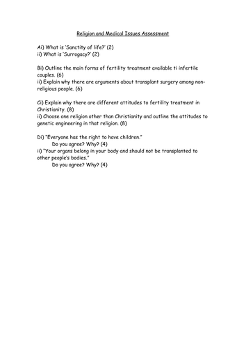 Religion & medical issues past questions | Teaching Resources