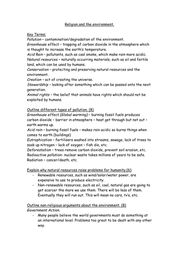 Religion & environment revision | Teaching Resources