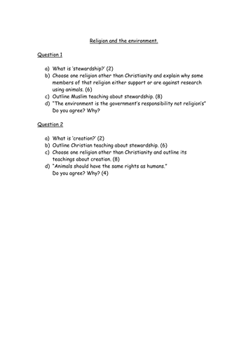 Religion & environment past questions | Teaching Resources