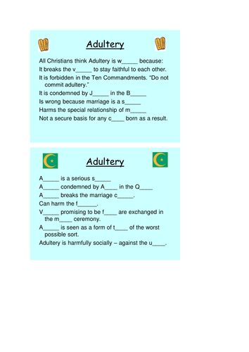 Adultery cloze sheet | Teaching Resources