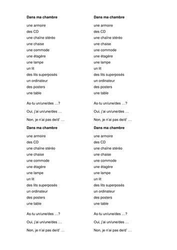 Metro 1: Ma chambre - As tu un / une....? | Teaching Resources
