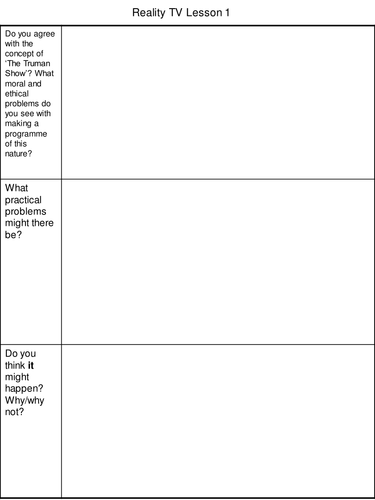 Reality TV Handout for GCSE Media Studies | Teaching Resources