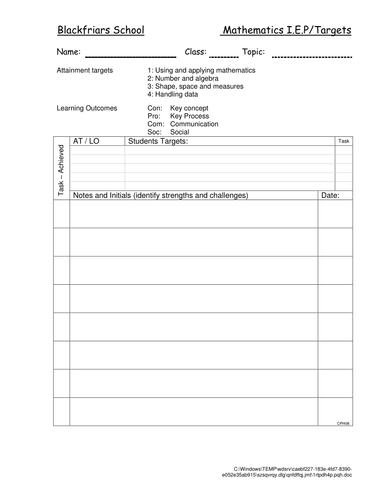 Mathematics Individual Target Sheet | Teaching Resources