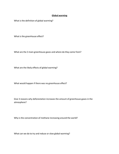 Global warming question sheet | Teaching Resources