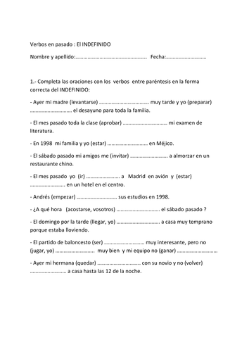 Examen sobre el Preterito Indefinido | Teaching Resources
