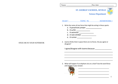 7K Homework booklet (Forces) | Teaching Resources