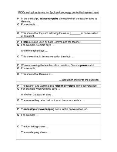 Spoken Language PEE practice chart | Teaching Resources