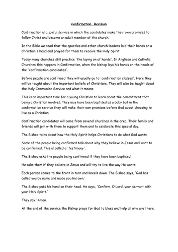 Confirmation revision sheet | Teaching Resources