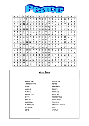 Peace wordsearch - ideal as a starter activity | Teaching Resources