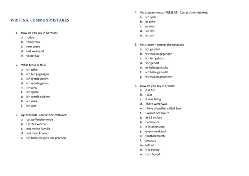 Common Writing Mistakes German | Teaching Resources