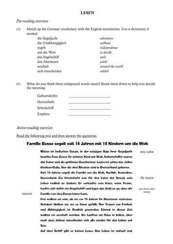AS German AT3 Reading Activity (Lifestyles) | Teaching Resources