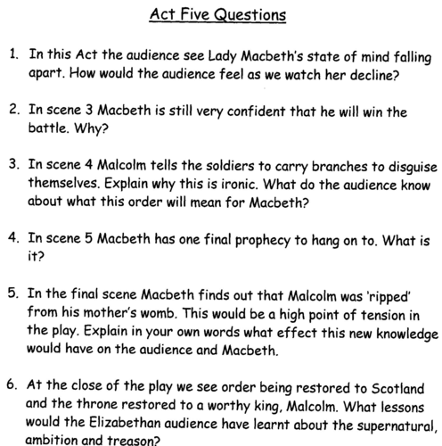Macbeth: Act Five: Comprehension Questions | Teaching Resources