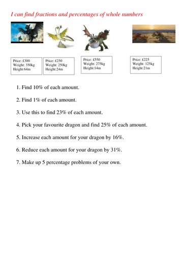 percentage dragon problems | Teaching Resources