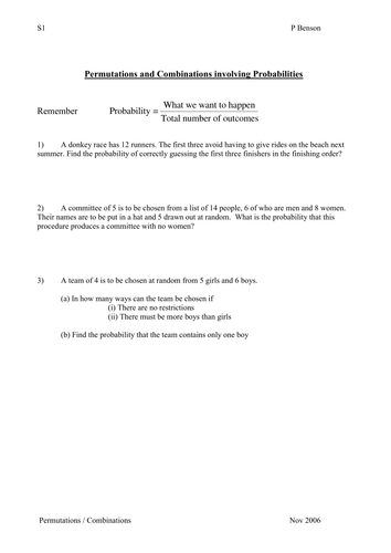 Probability of Combinations | Teaching Resources