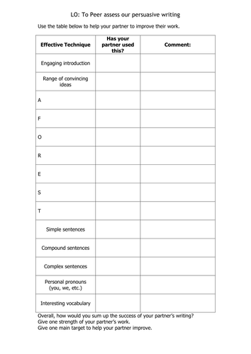 Peer assess sheet on persuasive writing. | Teaching Resources
