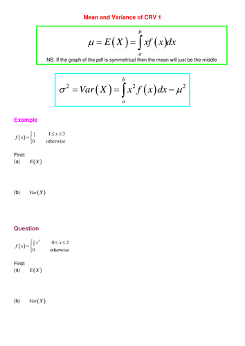 Continuous Random Variables | Teaching Resources Continuous Random Variables | Teaching Resources