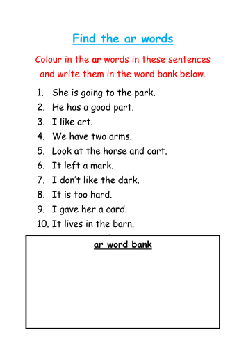 Find and colour the 'ar' words | Teaching Resources