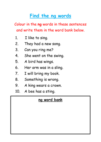 Find and colour the 'ng' words | Teaching Resources