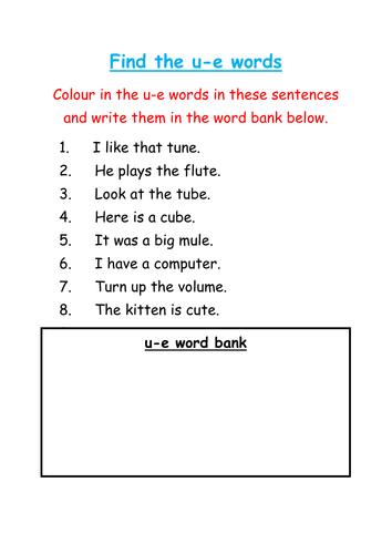 Find and colour the 'u-e' words | Teaching Resources